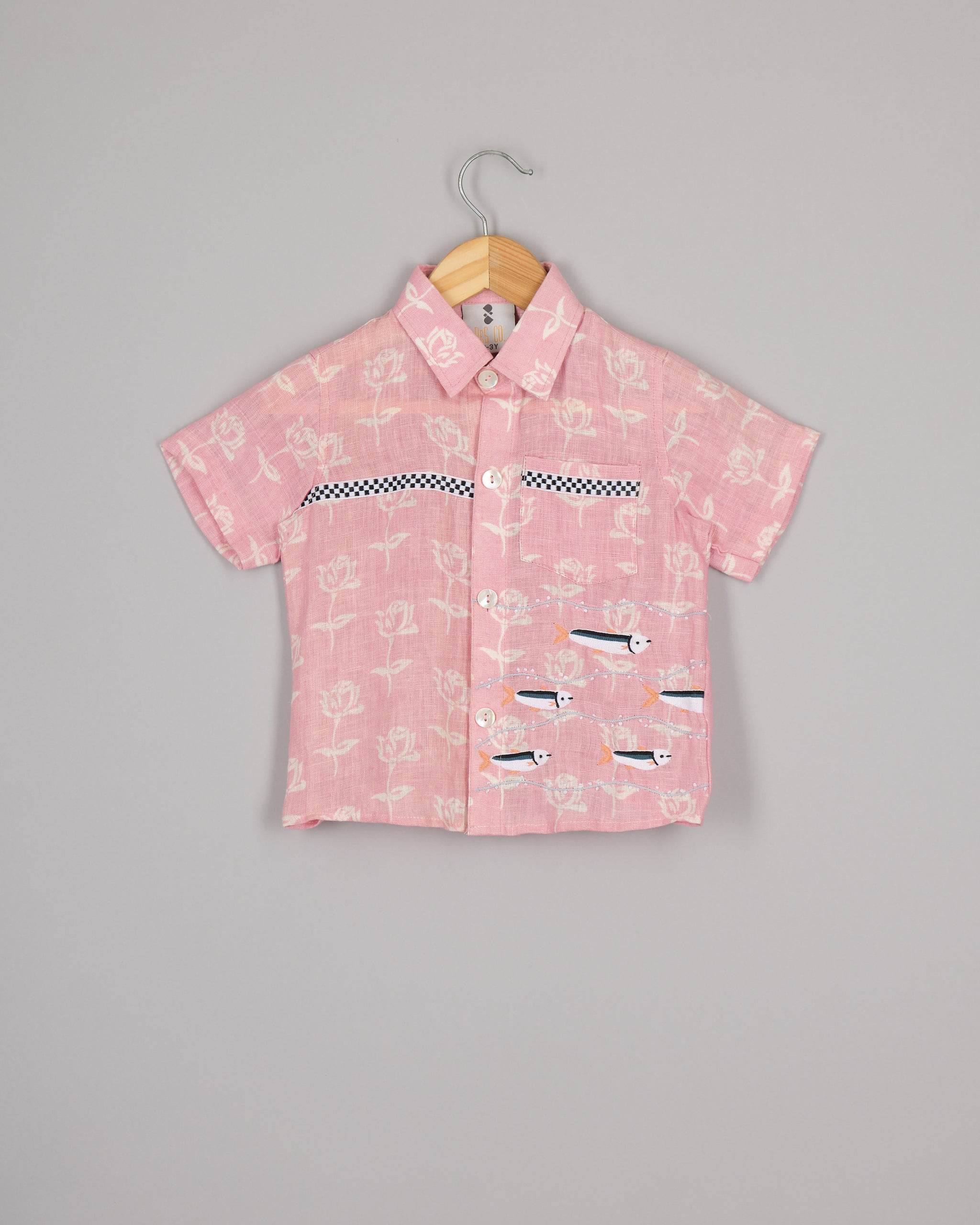 Pink Linen Fish Embroidered Shirt